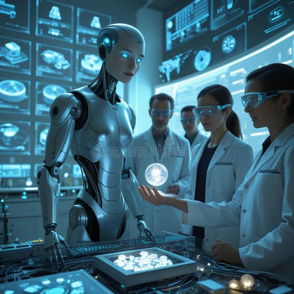 AI-Generated Futuristic Laboratory with Humanoid Robot and Scientists ...