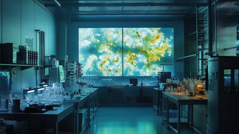 Futuristic Laboratory with Illuminated Data Projections Stock Photo ...
