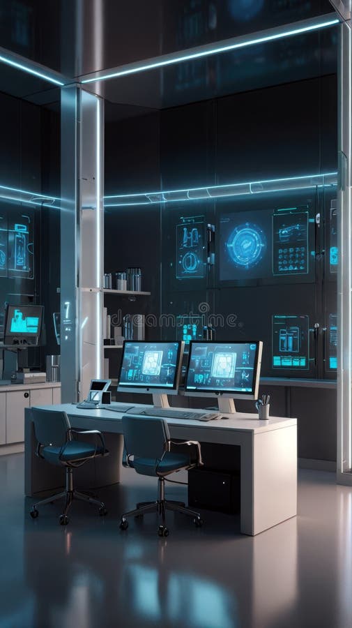 Futuristic Laboratory Interior Cyan Lighting Two Workstations Sleek ...