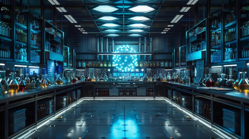 Futuristic Laboratory Interior with Glassware and Blue Lighting Stock ...