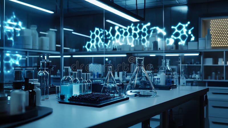 Futuristic Laboratory Interior with Glowing Blue Molecular Structures ...