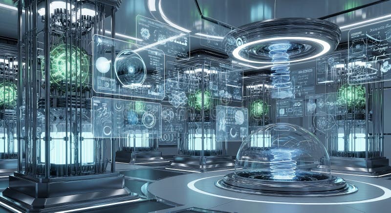 Futuristic Laboratory Interior with Glowing Screens, Complex Machinery ...