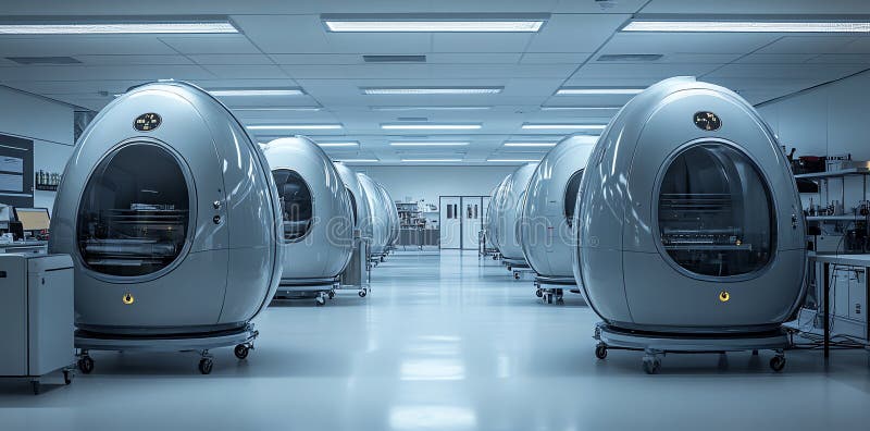 Futuristic Laboratory Interior with Rows of Egg-shaped Pods on Wheels ...