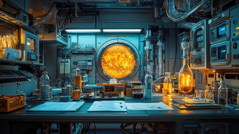 Futuristic Laboratory Interior with a View of the Sun a Scene of ...
