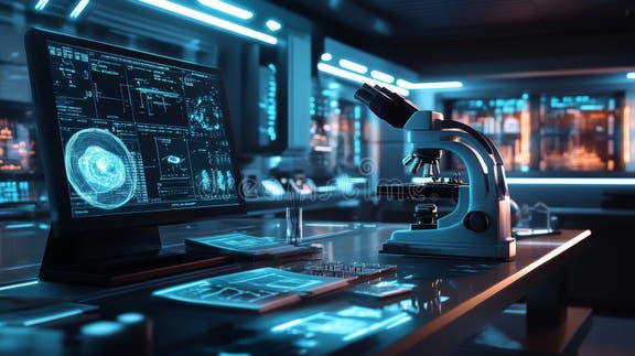 Futuristic Laboratory with Microscope and Digital Interfaces in Advanced Research Facility Stock ...