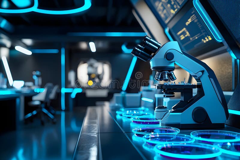 Futuristic Laboratory: Microscope and Petri Dishes Under Blue Light ...