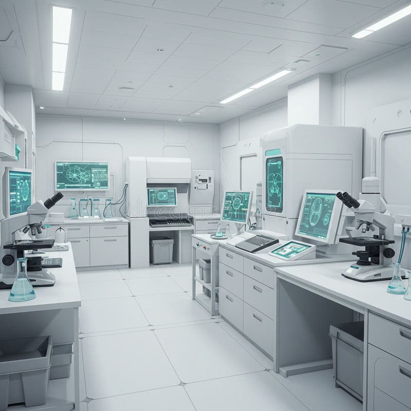 Futuristic Laboratory with Multiple Workstations Equipped with ...