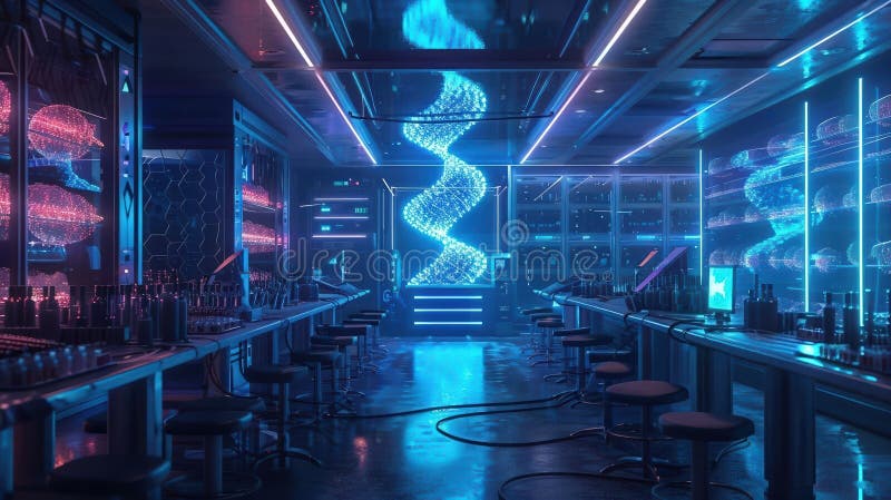 Futuristic Laboratory with Neon Blue and Purple Lights, Showcasing ...