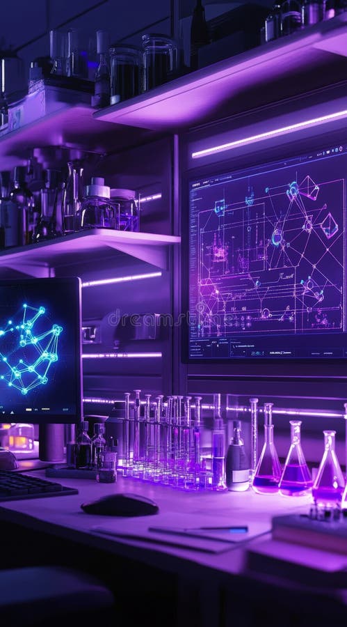 Futuristic Laboratory with Purple Neon Lights and High-tech Data ...