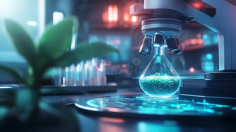 Futuristic Laboratory Research: Glowing Green Sample Under Microscope ...