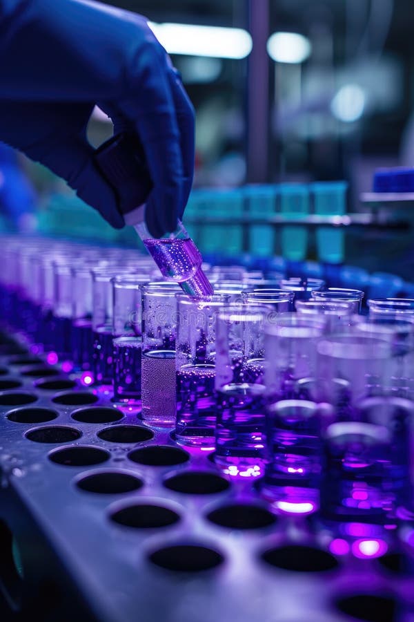 Futuristic Laboratory with Robotic Arm Handling Test Tubes in Neon ...