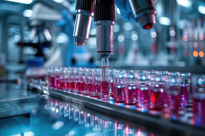 Futuristic Laboratory with Robotic Arm Handling Test Tubes in Neon ...