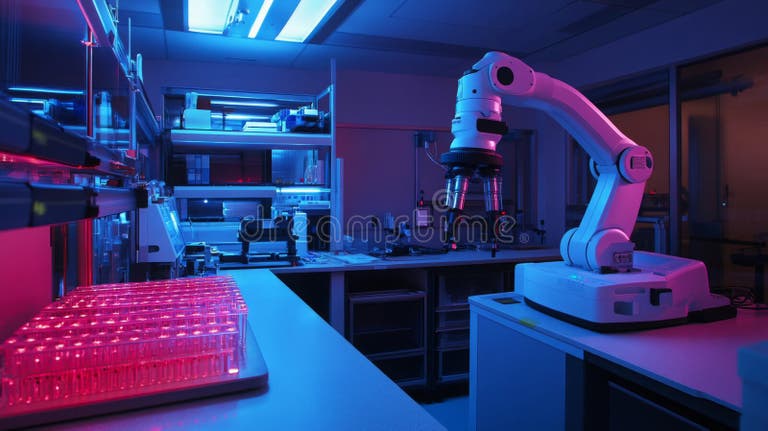 Futuristic Laboratory with Robotic Arm and Illuminated Equipment at ...