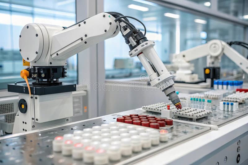 Futuristic Laboratory with Robotic Arms Conducting Experiments and ...
