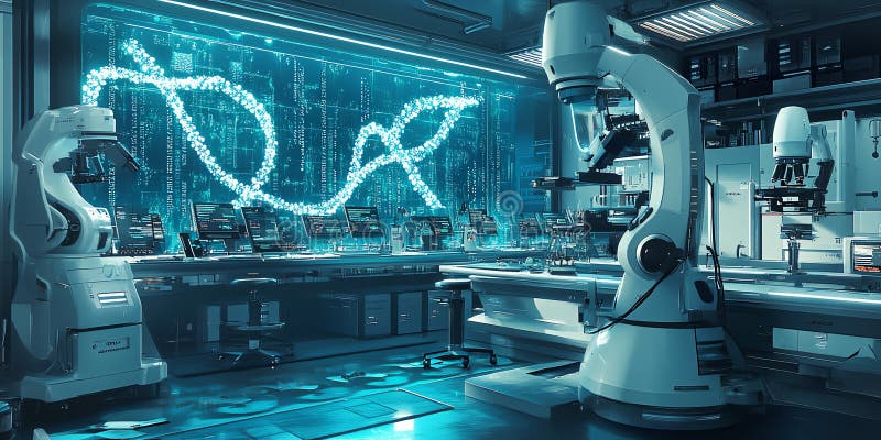A Futuristic Laboratory with Robotic Arms and Microscopes, a DNA Strand ...