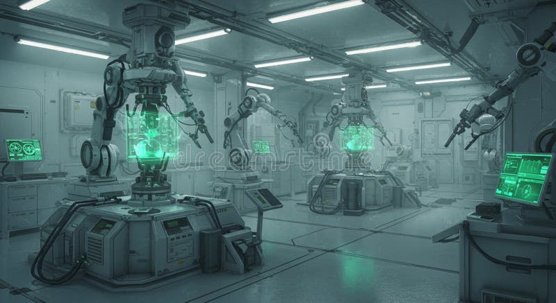 Futuristic Laboratory with Robotic Arms Suspended from the Ceiling ...