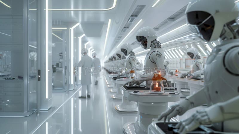Futuristic Laboratory with Robotic Workers and Scientists in Advanced ...