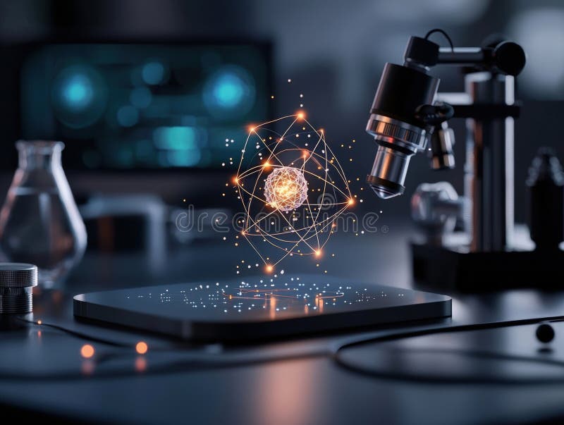 A Futuristic Laboratory Scene with an Atom Model Microscope and ...