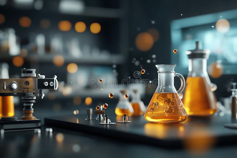 Futuristic Laboratory Scene with Beakers and Flasks Filled with Glowing ...