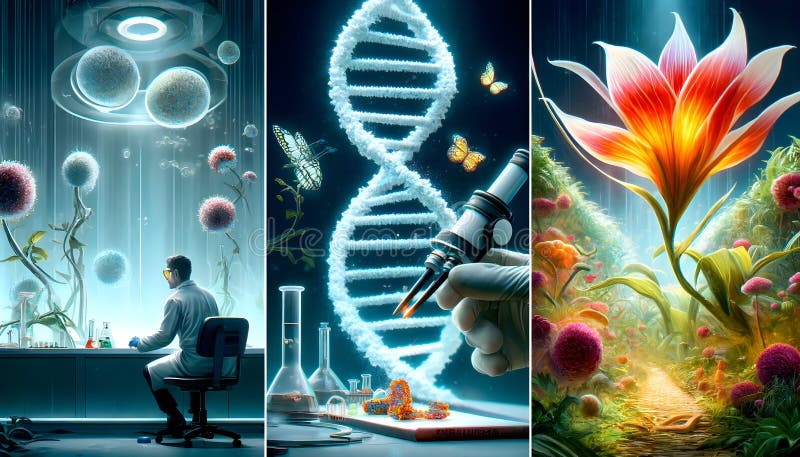 Futuristic Biotech Lab with DNA Manipulation and Giant Plants Stock ...