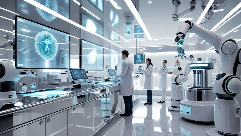 Futuristic Laboratory with Scientists and Robots Exploring Medical ...