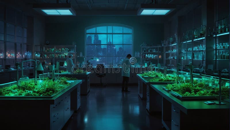 A Futuristic Laboratory with Scientists Working at Night on Genetically ...