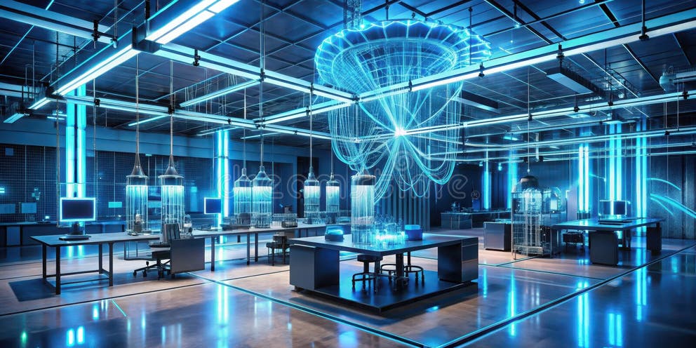 Futuristic Laboratory Setting with Illuminated Glass Enclosures and a ...