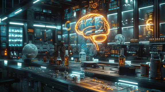 Futuristic Laboratory Showcasing Advanced Technology with Digital Brain Visualization and ...
