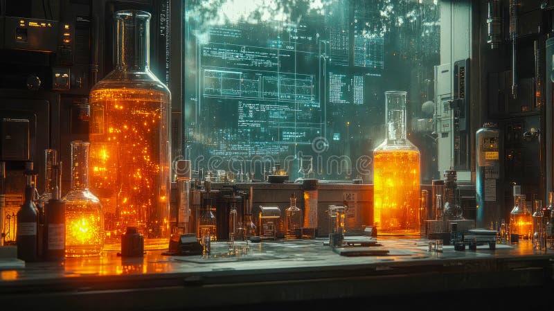 Futuristic Laboratory Showcasing Glowing Orange Data Vials Stored in ...
