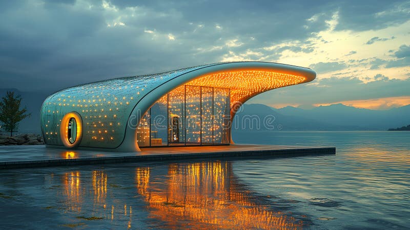 Futuristic Lakeside Pavilion Sunset, Serene Mountain Backdrop, Event ...
