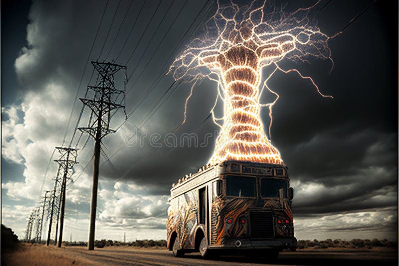 Futuristic Landscape with Bus and Lightning. AI Generated. Stock ...