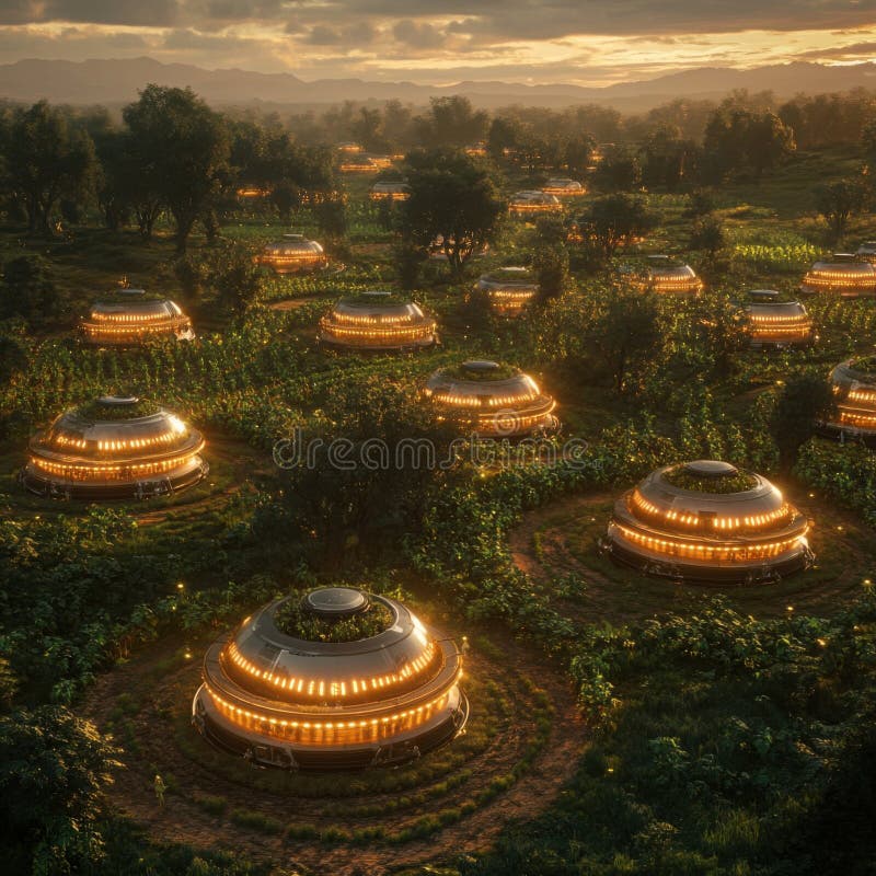 Futuristic Landscape with Circular Structures Surrounded by Nature ...