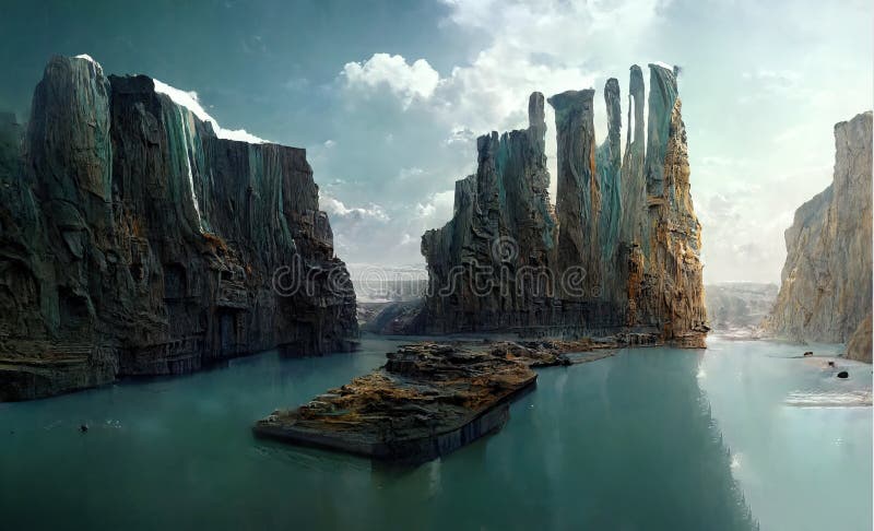 Futuristic Landscape with Cliffs and Water Illustration Art Stock ...