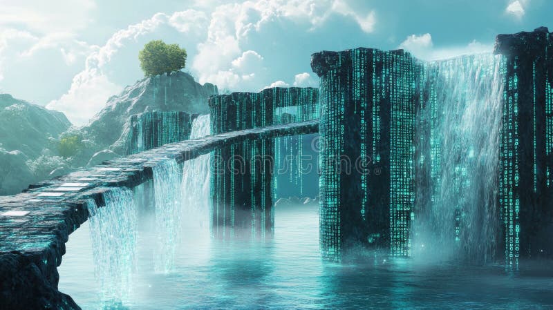 Futuristic Landscape with Data-Infused Waterfall and Bridge Surrounded ...