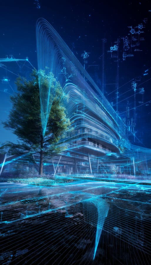 Futuristic Landscape Design Building Model Showcased with Blue Rays and ...