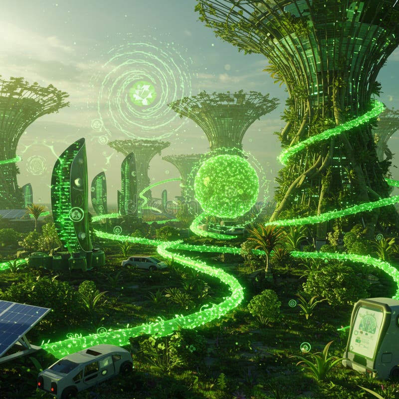 Futuristic Landscape Featuring Large, Tree-like Structures with Green ...
