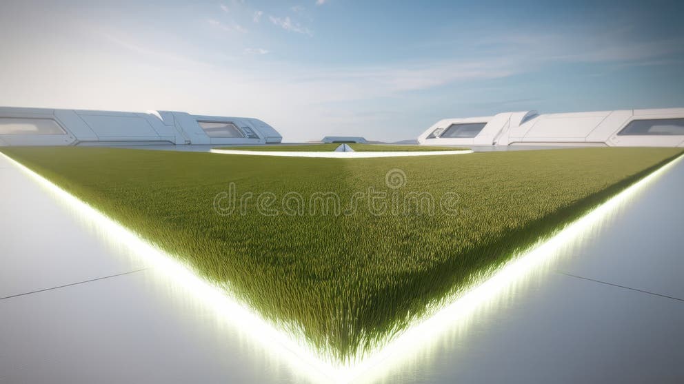 Futuristic Landscape Featuring a Lush, Triangular Grass Area Under a ...