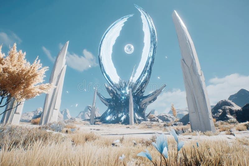 Futuristic Landscape Featuring Monumental Sci-fi Structure and Mystical ...