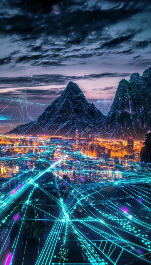 Futuristic Landscape Featuring a Mountain Range with Glowing Data Lines ...