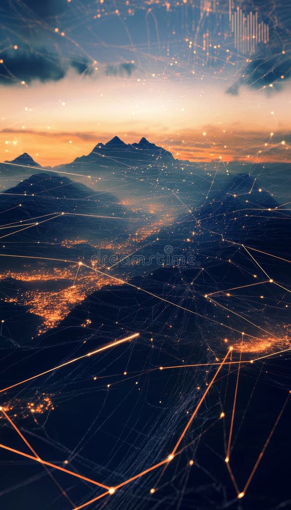 Futuristic Landscape Featuring Mountain Range and Glowing Data Points ...