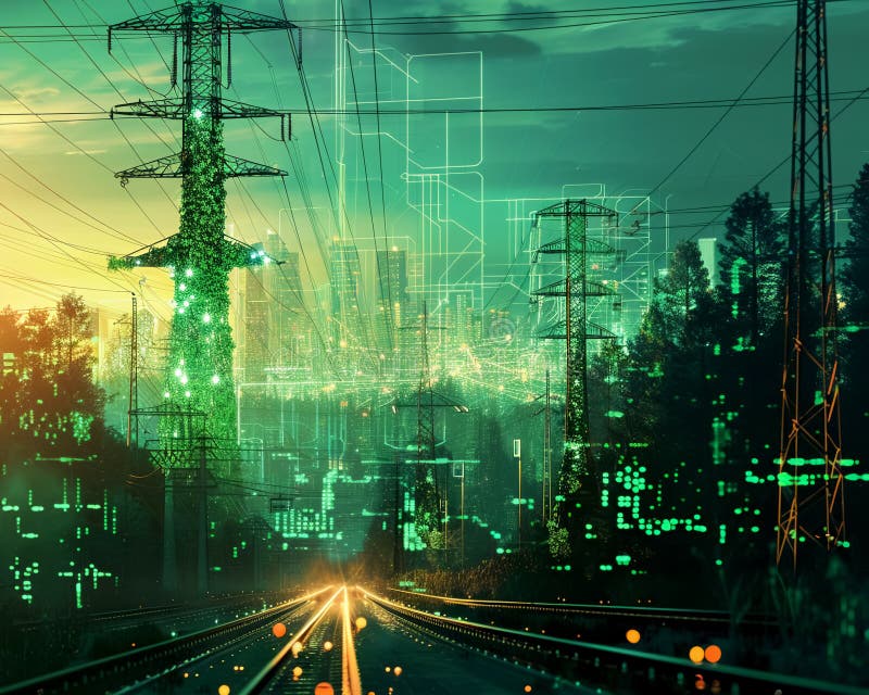 Futuristic Landscape Featuring Power Lines and City Skyline, Enhanced ...
