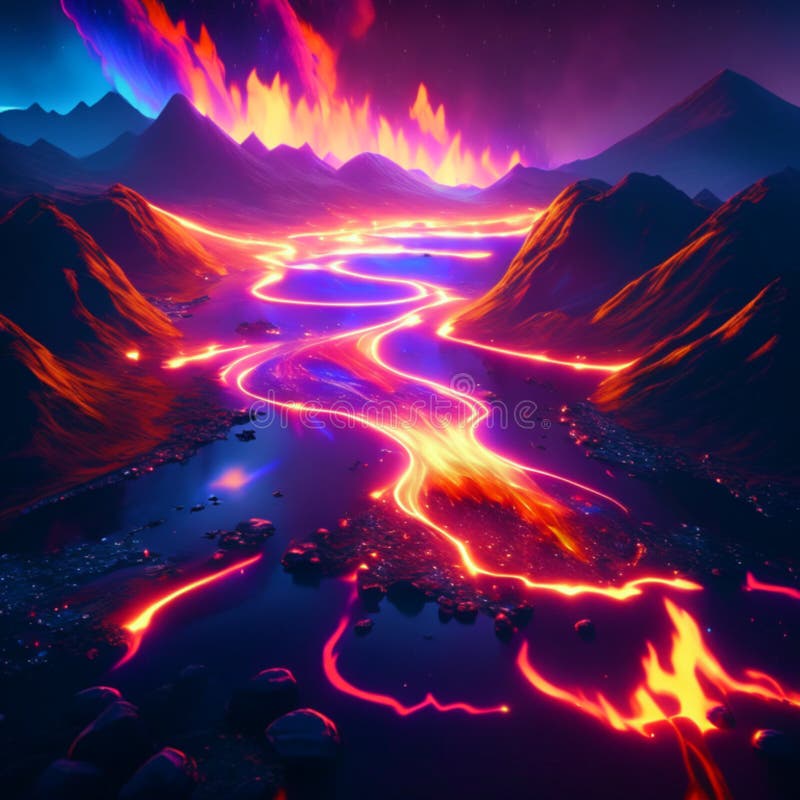 Futuristic Landscape with a Fire in the Mountains. 3d Rendering ...