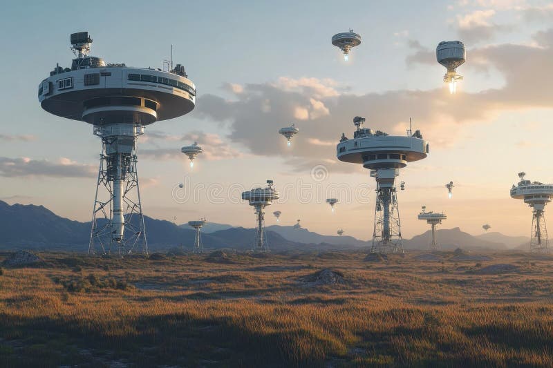 Futuristic Landscape with Floating Structures at Sunset Near Mountain ...