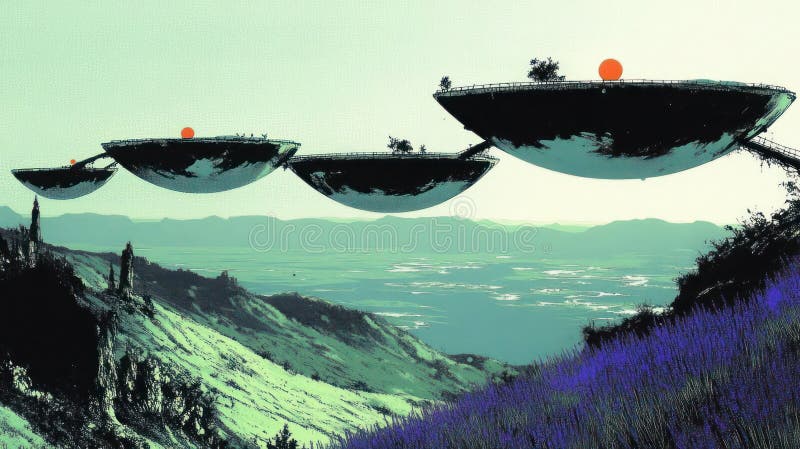 Futuristic Landscape with Floating Structures and a Vibrant Orange Sun ...