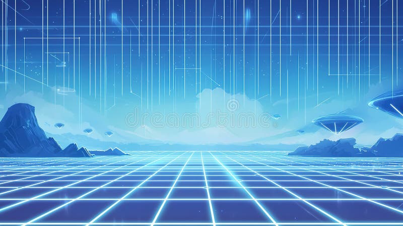 A Futuristic Landscape with Glowing Grid Lines and Hovering Structures ...