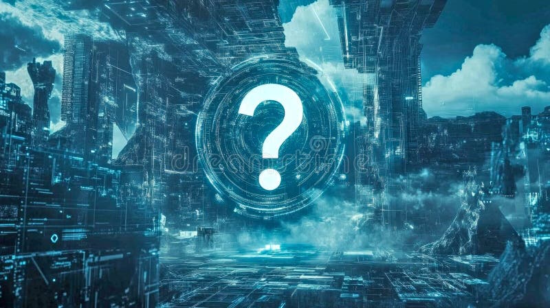 A Futuristic Landscape with a Glowing Question Mark at Its Center. the ...