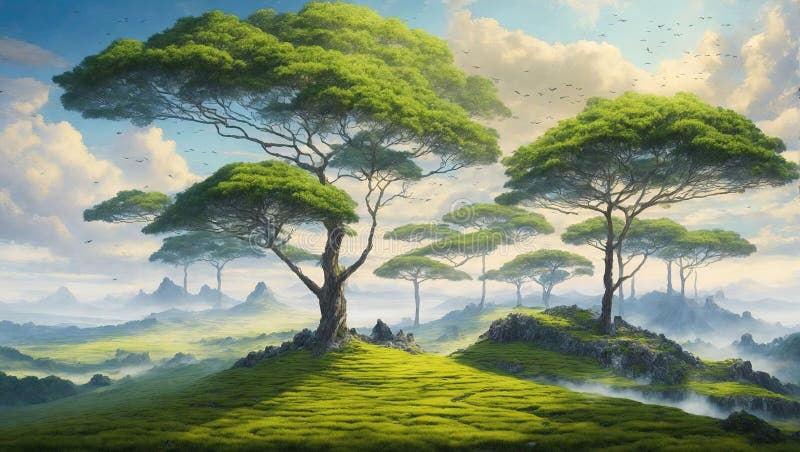 Futuristic Landscape of Green Trees Stock Illustration - Illustration ...