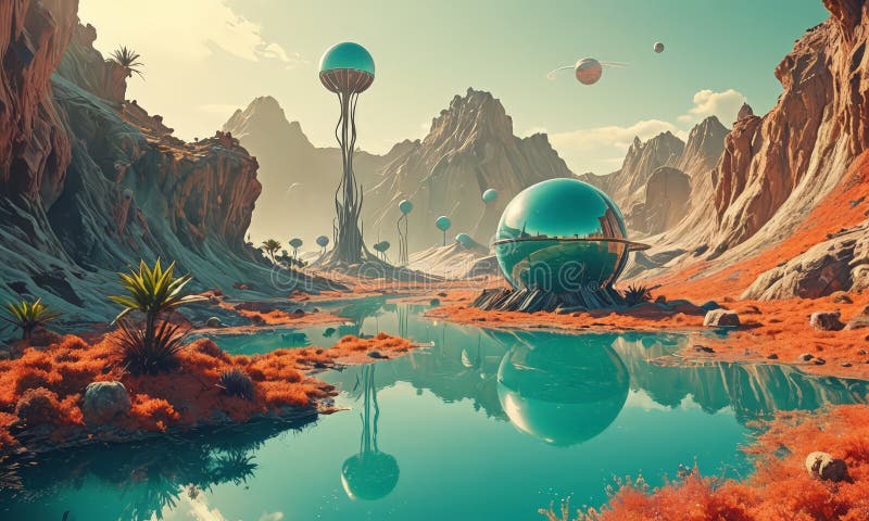 Futuristic Landscape with Lake and Planets Stock Illustration ...