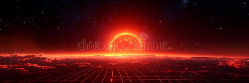 Red Sun Rising Over Cyberpunk Landscape a Futuristic Landscape with a ...