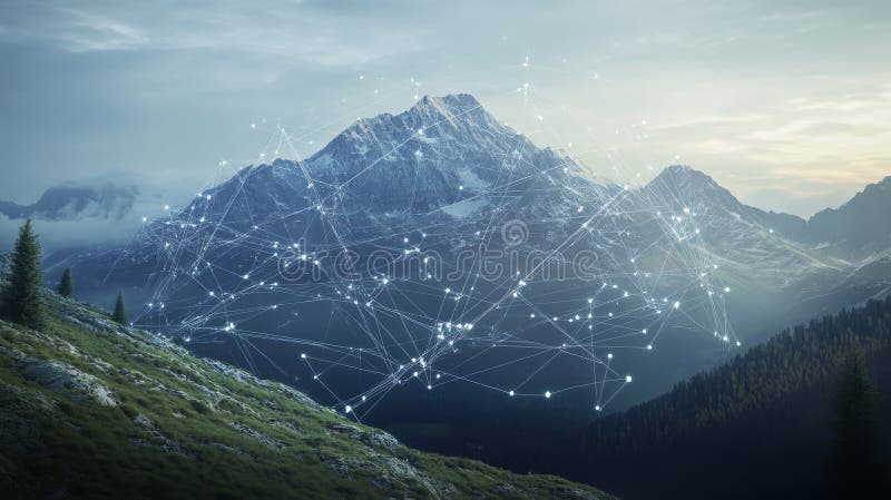 Futuristic Landscape with Majestic Mountains and Glowing Data Lines ...